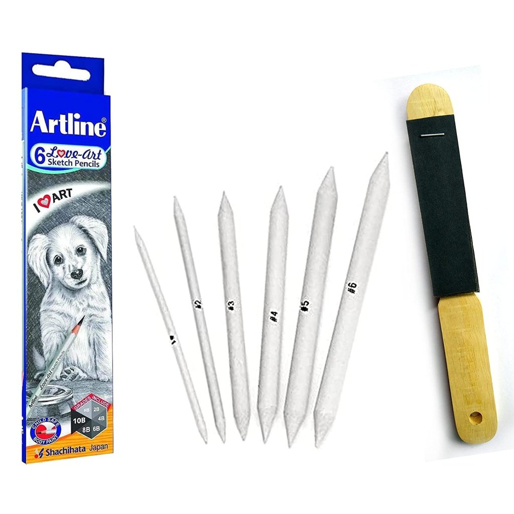 Drawing Artline Pencil with Paper Stumps Blender and Sand Paper